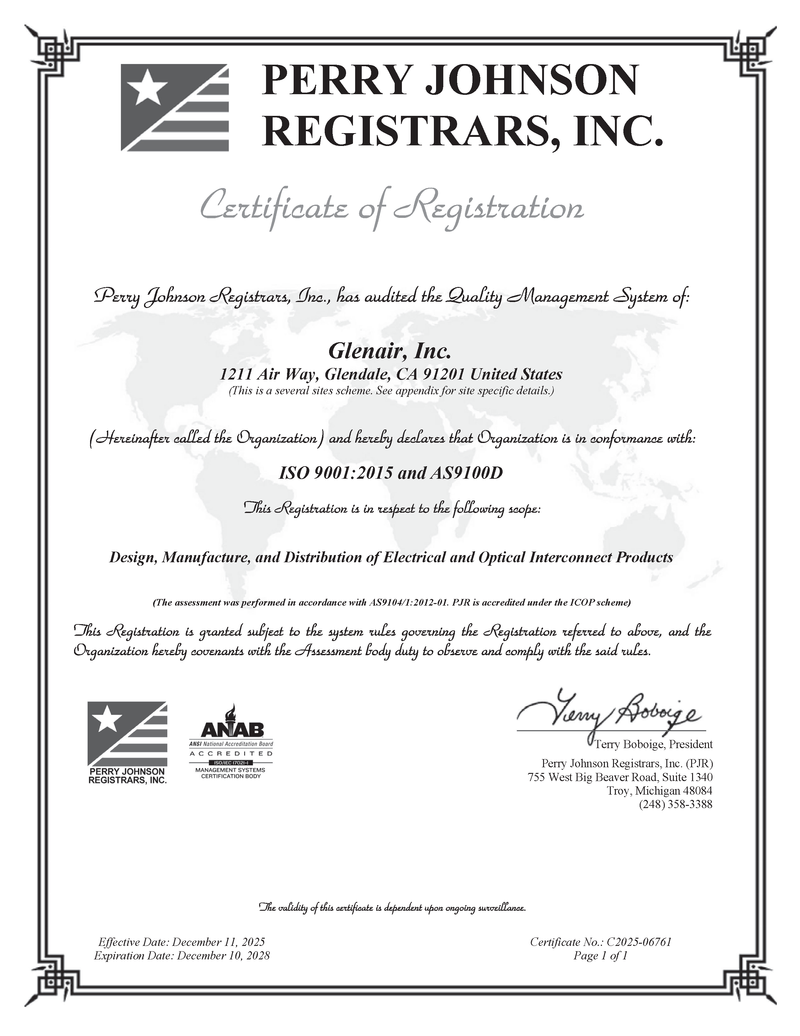 Certificate of Registration – Glenair, Inc. - Glenair